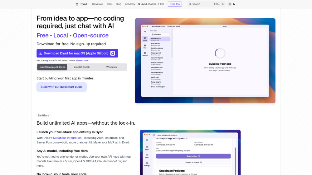 Dyad: Free, local, open-source AI app builder for no-code development | tyy.AI Tools